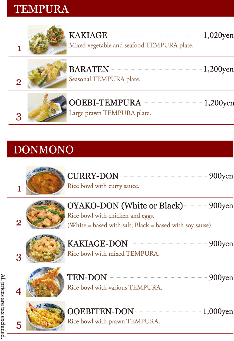 Menu - TEMPURA and Donmono | Manjuan Handmade Soba TOKYO
